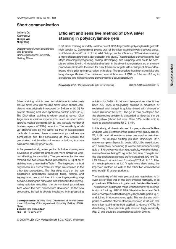 Pdf Efficient And Sensitive Method Of Dna Silver Staining In Polyacrylamide Gels