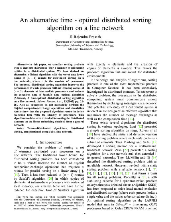 Pdf An Alternative Time — Optimal Distributed Sorting Algorithm On A 9418