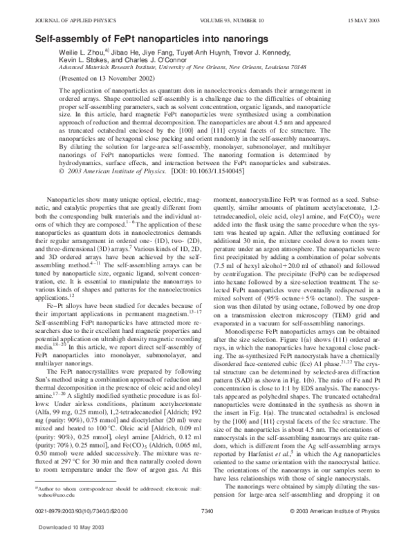 (PDF) Self-assembly of FePt nanoparticles into nanorings