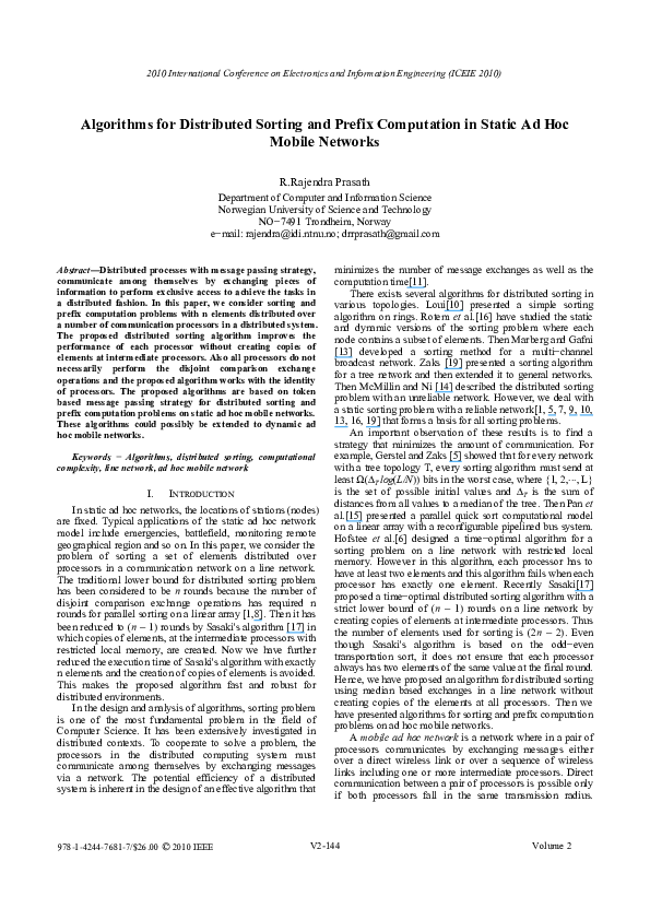 Pdf Algorithms For Distributed Sorting And Prefix Computation In Static Ad Hoc Mobile Networks