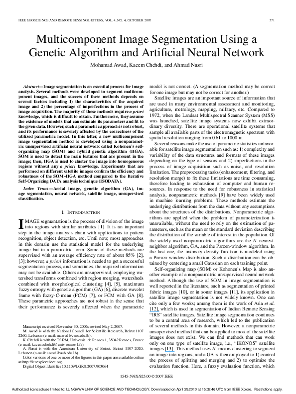 (PDF) Multicomponent Image Segmentation Using a Genetic Algorithm and Artificial Neural Network