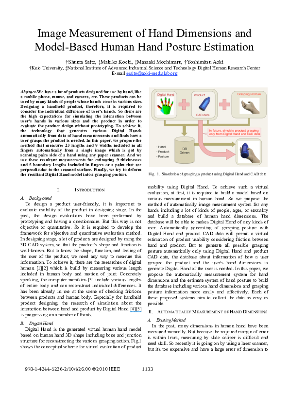 Pdf Image Measurement Of Hand Dimensions And Model Based Human Hand Posture Estimation