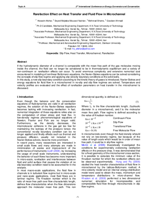 (PDF) Rarefaction Effect on Heat Transfer and Fluid Flow in Microchannel