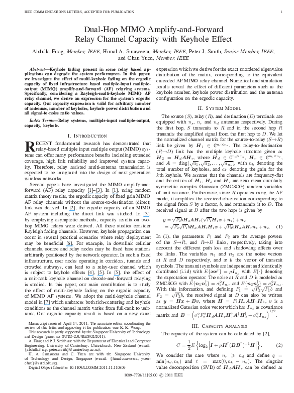 (PDF) Dual-Hop MIMO Amplify-and-Forward Relay Channel Capacity with ...