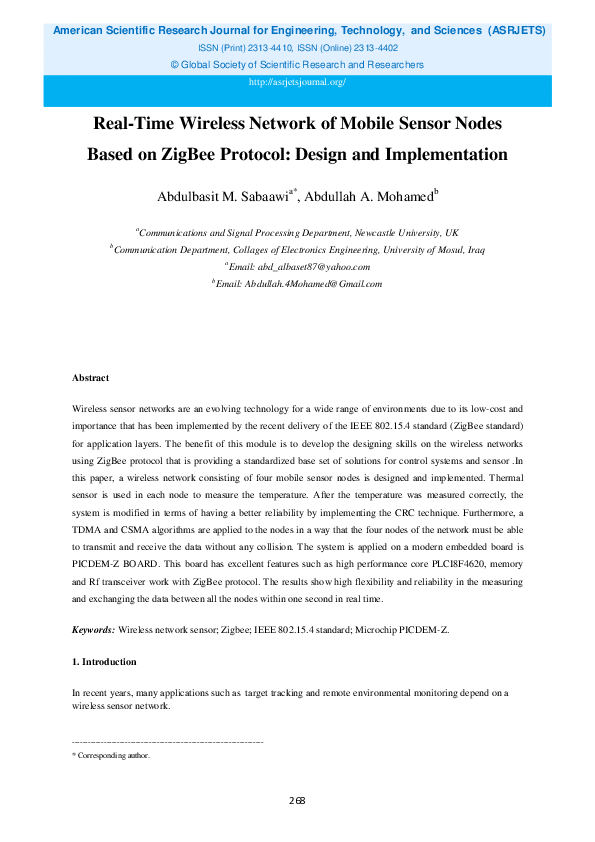 Pdf Real Time Wireless Network Of Mobile Sensor Nodes Based On Zigbee Protocol Design And