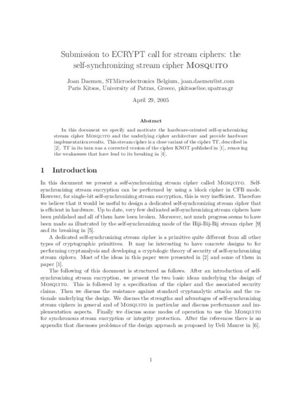 Pdf Submission To Ecrypt Call For Stream Ciphers The Self Synchronizing Stream Cipher