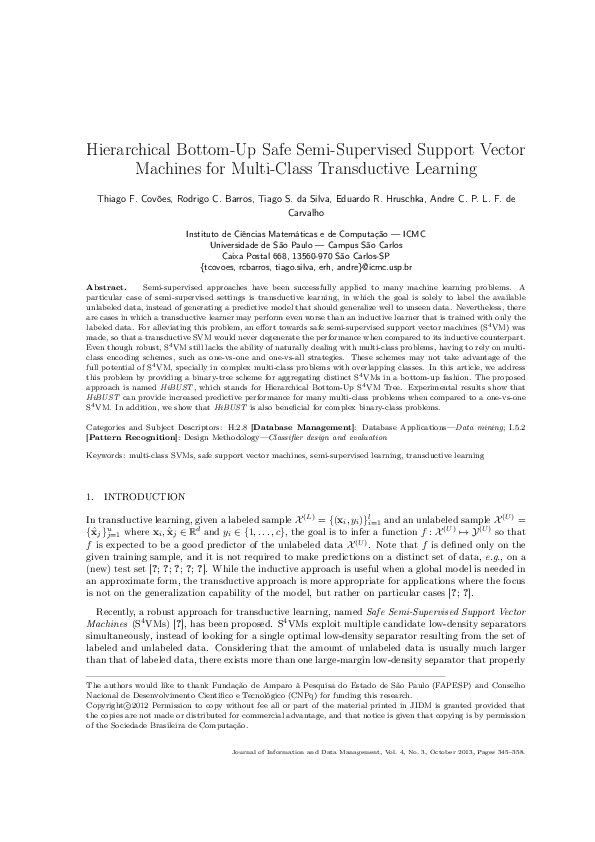 Pdf Hierarchical Bottom Up Safe Semi Supervised Support Vector Machines For Multi Class