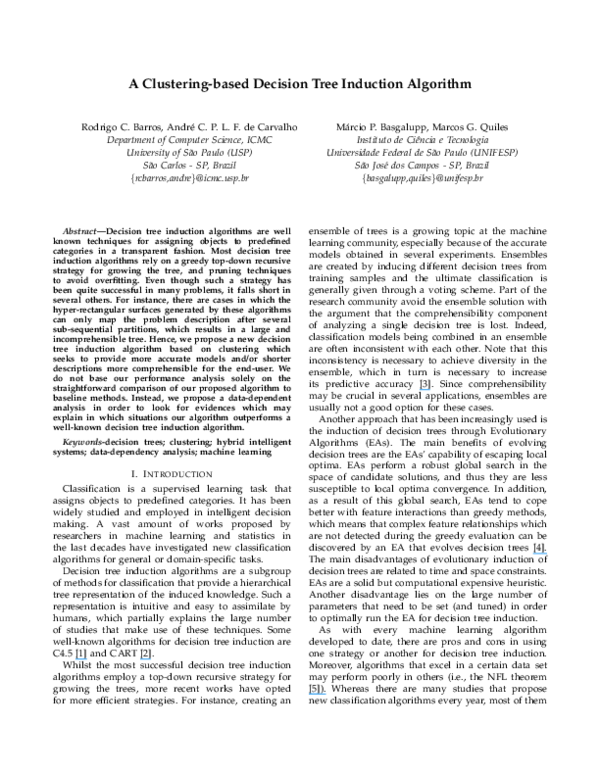 Pdf A Clustering Based Decision Tree Induction Algorithm
