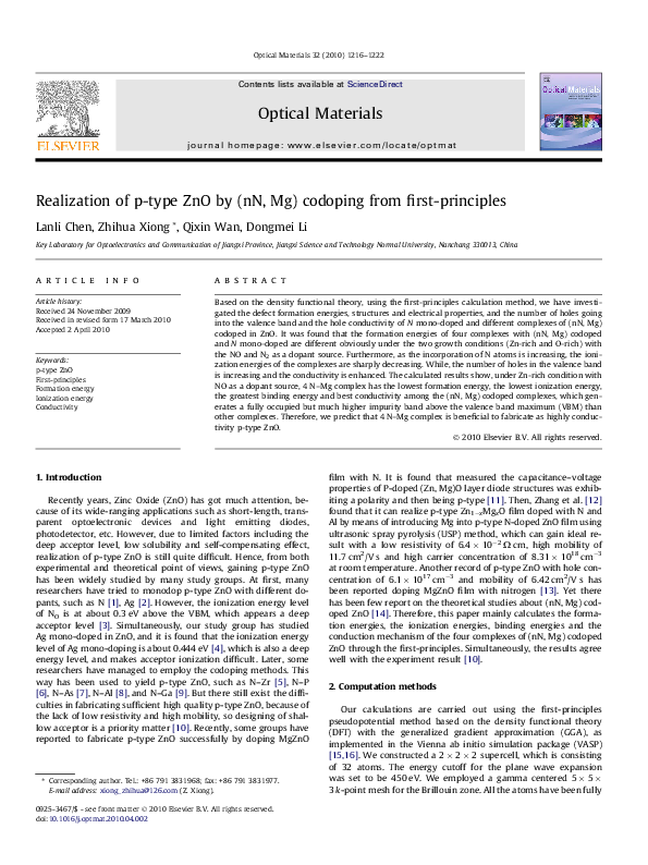 (PDF) Realization of p-type ZnO by (nN, Mg) codoping from first-principles