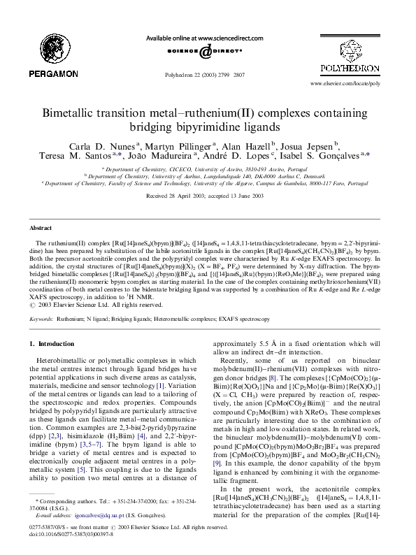 (PDF) Bimetallic transition metal–ruthenium(II) complexes containing bridging bipyrimidine ligands