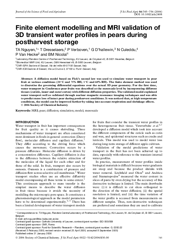 Pdf Finite Element Modelling And Mri Validation Of 3d Transient Water Profiles In Pears During