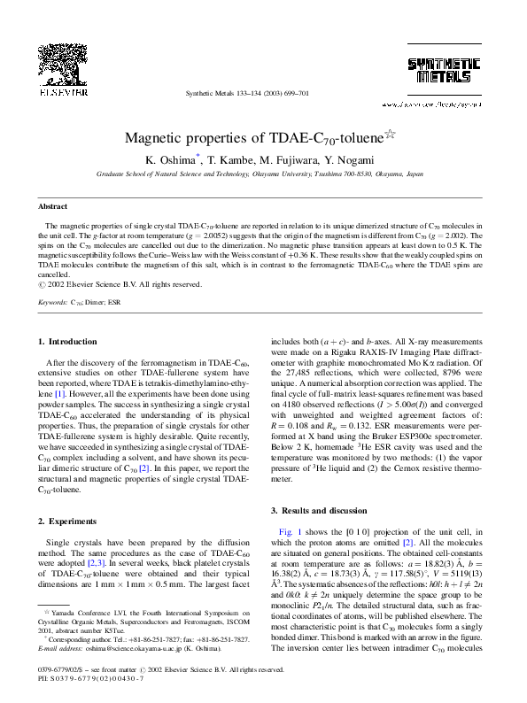 (PDF) Magnetic properties of TDAE-C70-toluene