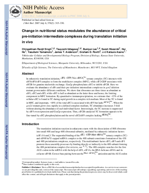(PDF) Change in Nutritional Status Modulates the Abundance of Critical ...