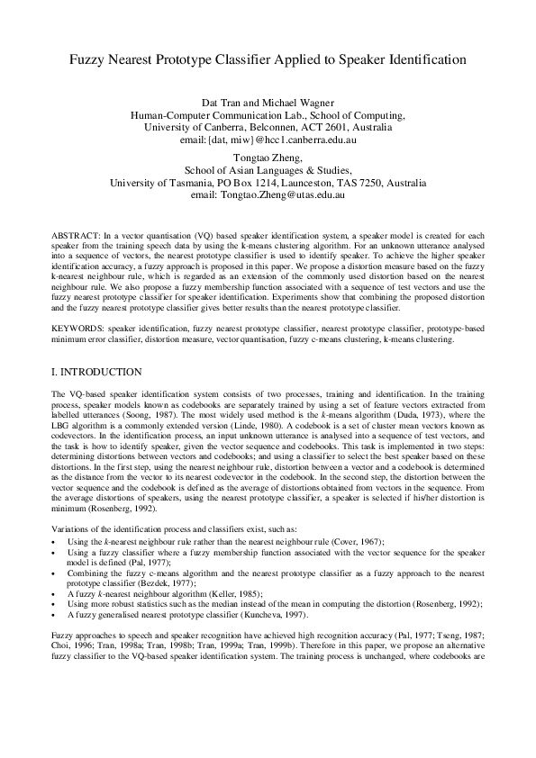 Pdf Fuzzy Nearest Prototype Classifier Applied To Speaker Identification