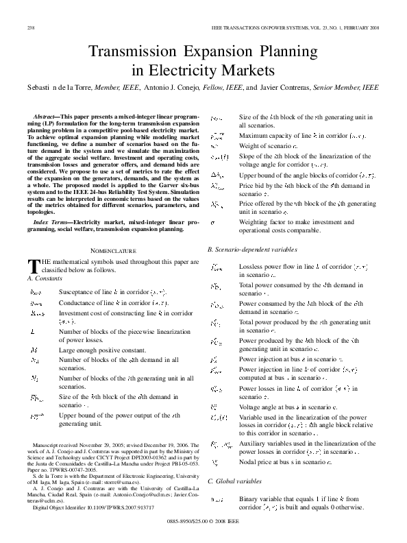 (PDF) Transmission Expansion Planning in Electricity Markets