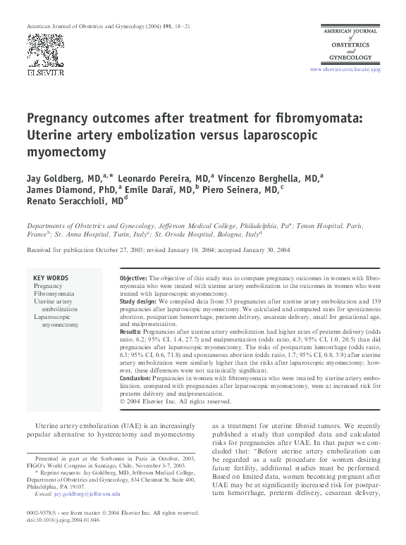 (PDF) Pregnancy outcomes after treatment for fibromyomata: uterine ...