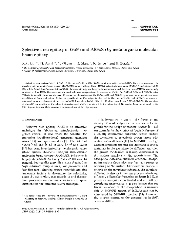 (PDF) Selective Area Epitaxy of GaSb by MetalOrganic Molecular Beam Epitaxy