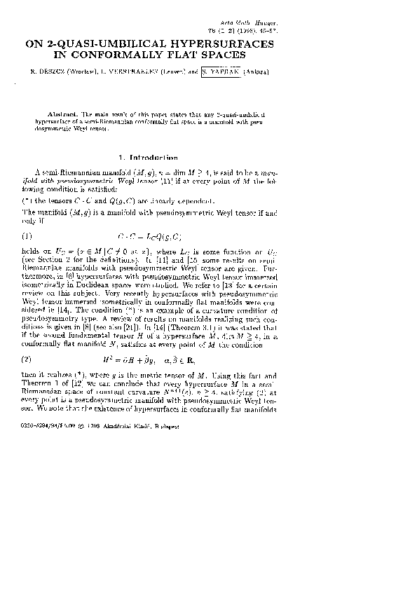 (PDF) On 2-Quasi-Umbilical Hypersurfaces in Conformally Flat Spaces