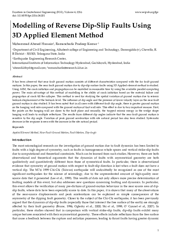 (PDF) Modelling of Reverse Dip‐Slip Faults Using 3D Applied Element Method