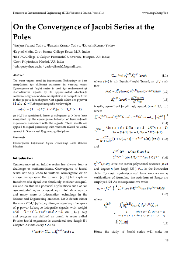 (PDF) On the Convergence of Jacobi Series at the Poles