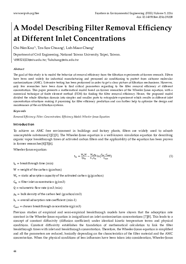 (PDF) A Model Describing Filter Removal Efficiency at Different Inlet ...