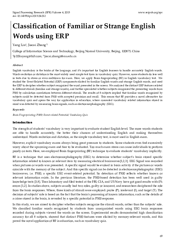(PDF) Classification of Familiar or Strange English Words using ERP