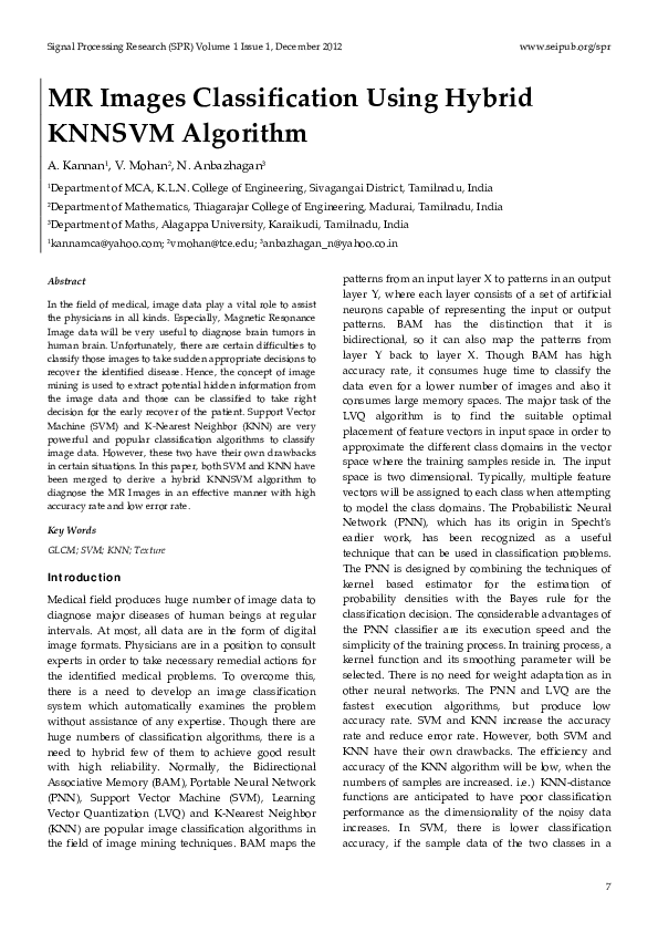 Pdf Mr Images Classification Using Hybrid Knnsvm Algorithm