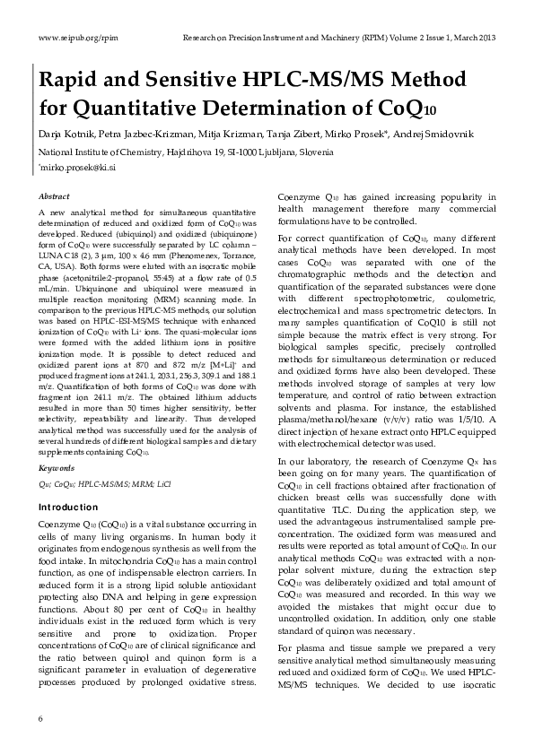 Pdf Rapid And Sensitive Hplc Msms Method For Quantitative Determination Of Coq10