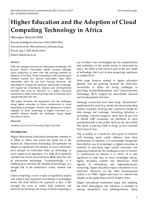 Pdf Higher Education And The Adoption Of Cloud Computing Technology In Africa