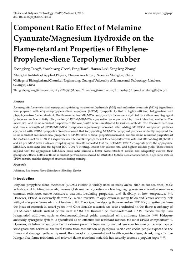 (PDF) Component Ratio Effect of Melamine Cyanurate/Magnesium Hydroxide on the Flame-retardant ...
