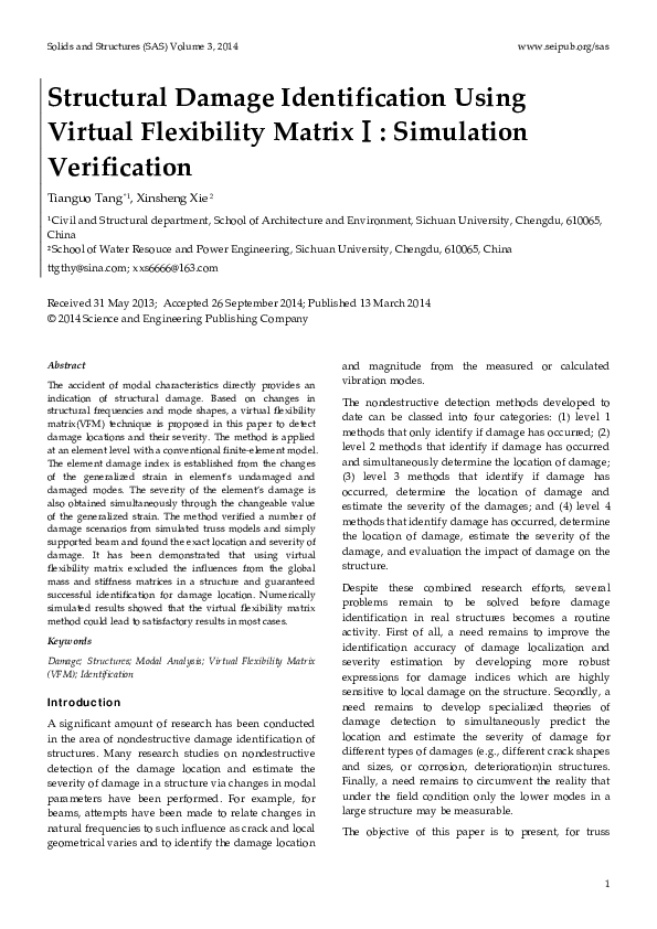 (PDF) Structural Damage Identification Using Virtual Flexibility MatrixⅠ: Simulation Verification