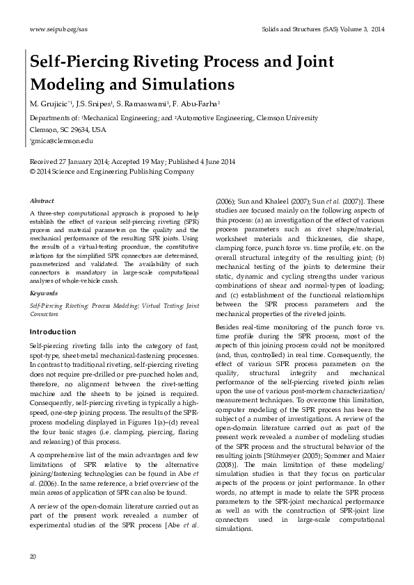 (PDF) Self-Piercing Riveting Process and Joint Modeling and Simulations
