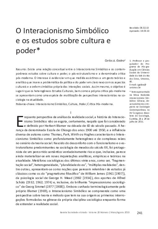 (PDF) O Interacionismo Simbólico e os estudos sobre cultura e poder