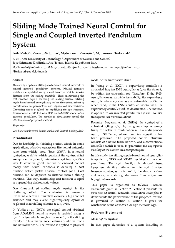 (PDF) Sliding Mode Trained Neural Control for Single and Coupled Inverted Pendulum System