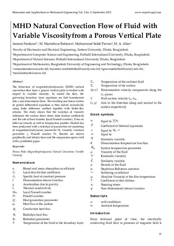 (PDF) MHD free convection flow of a dissipative fluid over a verticalporous plate in porous ...
