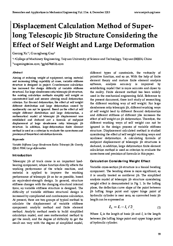 (PDF) Displacement Calculation Method of Super- long Telescopic Jib Structure Considering the ...