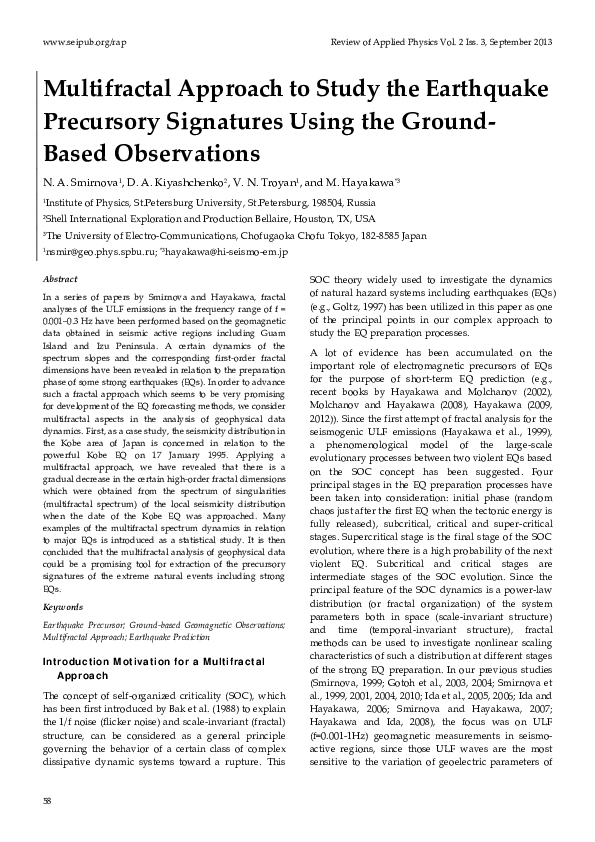 (PDF) Multifractal Approach to Study the Earthquake Precursory ...