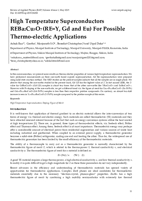 (PDF) Thermoelectric Properties of REBa2Cu3O7 Superconductors