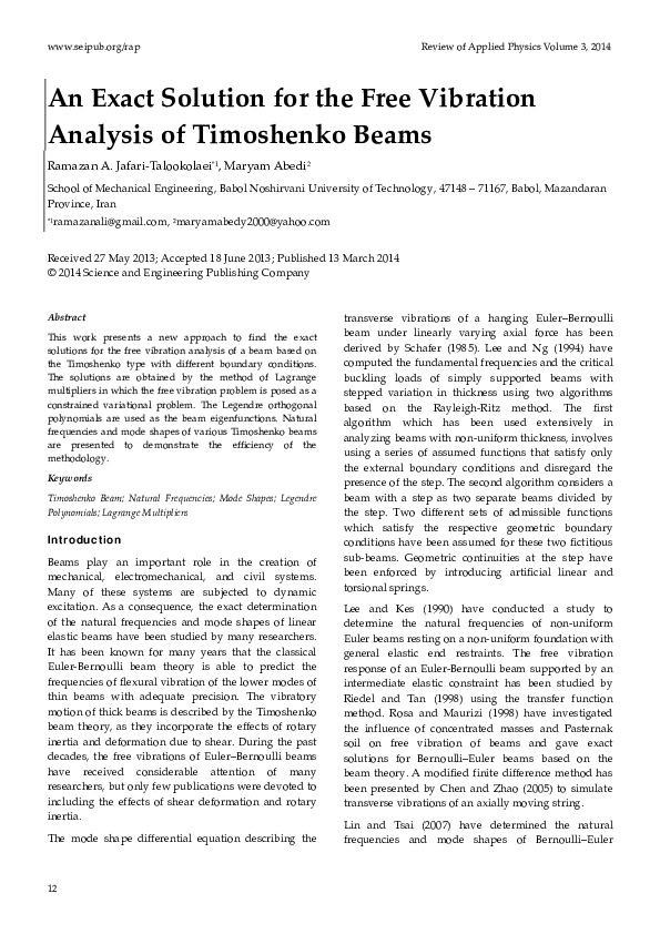(PDF) An Exact Solution for the Free Vibration Analysis of Timoshenko Beams