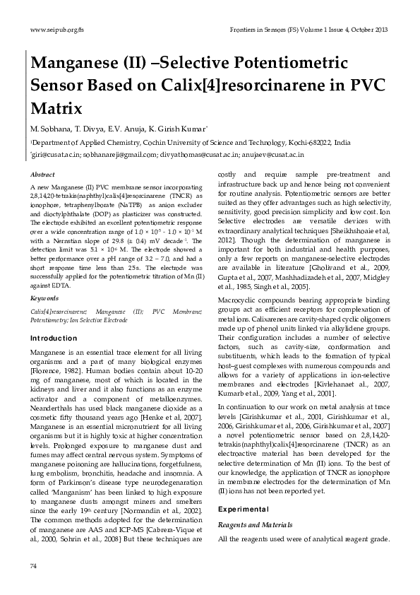 (PDF) Manganese (II) –Selective Potentiometric Sensor Based on Calix[4]resorcinarene in PVC Matrix