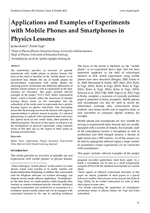 (PDF) Applications and Examples of Experiments with Mobile Phones and Smartphones in Physics Lessons