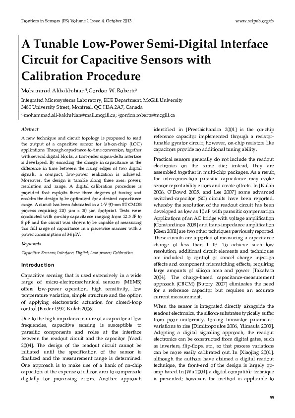 Pdf A Tunable Low Power Semi Digital Interface Circuit For Capacitive Sensors With Calibration