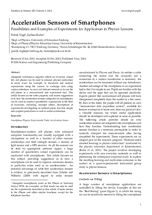 (PDF) Acceleration Sensors of Smartphones Possibilities and Examples of Experiments for ...