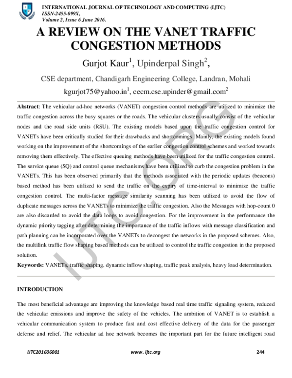 A Review On The Vanet Traffic Congestion Methods