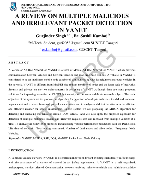(PDF) A REVIEW ON MULTIPLE MALICIOUS AND IRRELEVANT PACKET DETECTION IN VANET