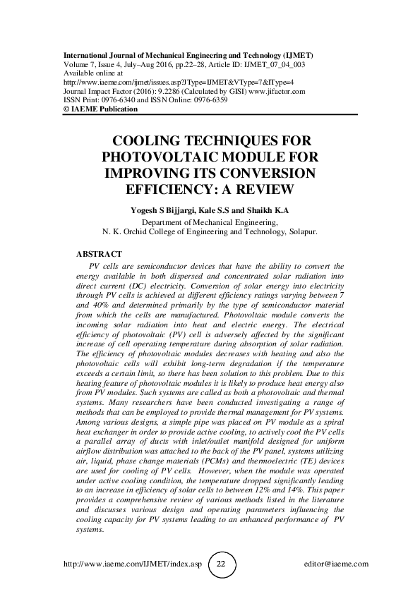 (PDF) COOLING TECHNIQUES FOR PHOTOVOLTAIC MODULE FOR IMPROVING ITS CONVERSION EFFICIENCY: A REVIEW