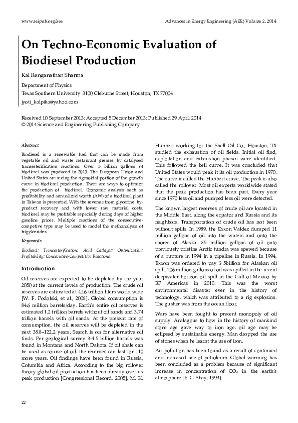 (PDF) On Techno‐Economic Evaluation of Biodiesel Production