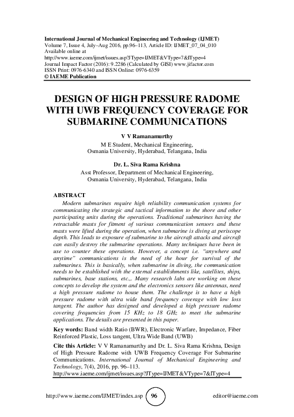 (PDF) DESIGN OF HIGH PRESSURE RADOME WITH UWB FREQUENCY COVERAGE FOR ...