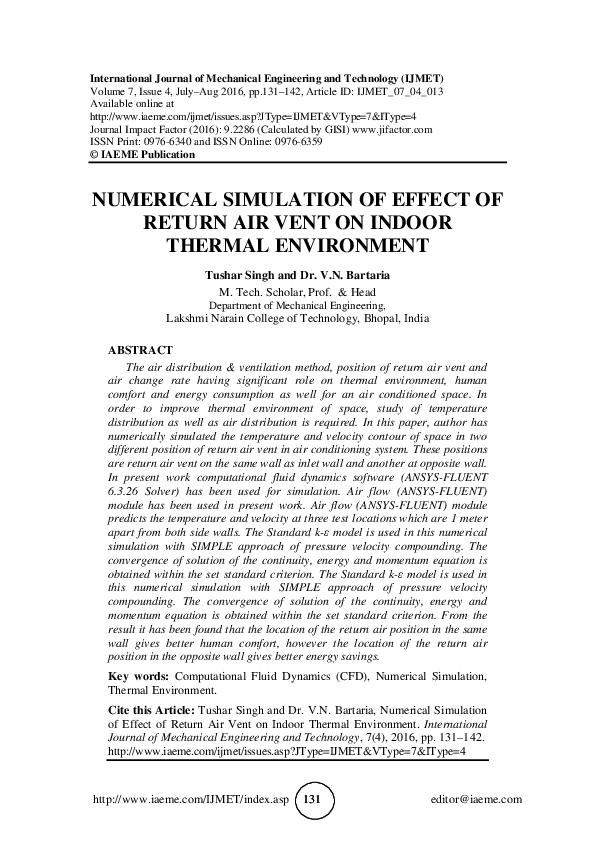 (PDF) NUMERICAL SIMULATION OF EFFECT OF RETURN AIR VENT ON INDOOR THERMAL ENVIRONMENT