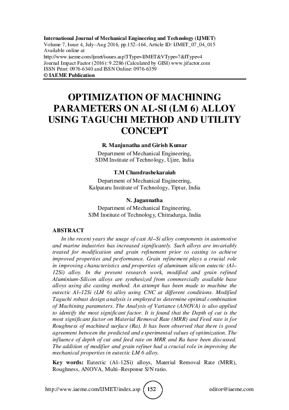 (PDF) OPTIMIZATION OF MACHINING PARAMETERS ON AL-SI (LM 6) ALLOY USING TAGUCHI METHOD AND ...